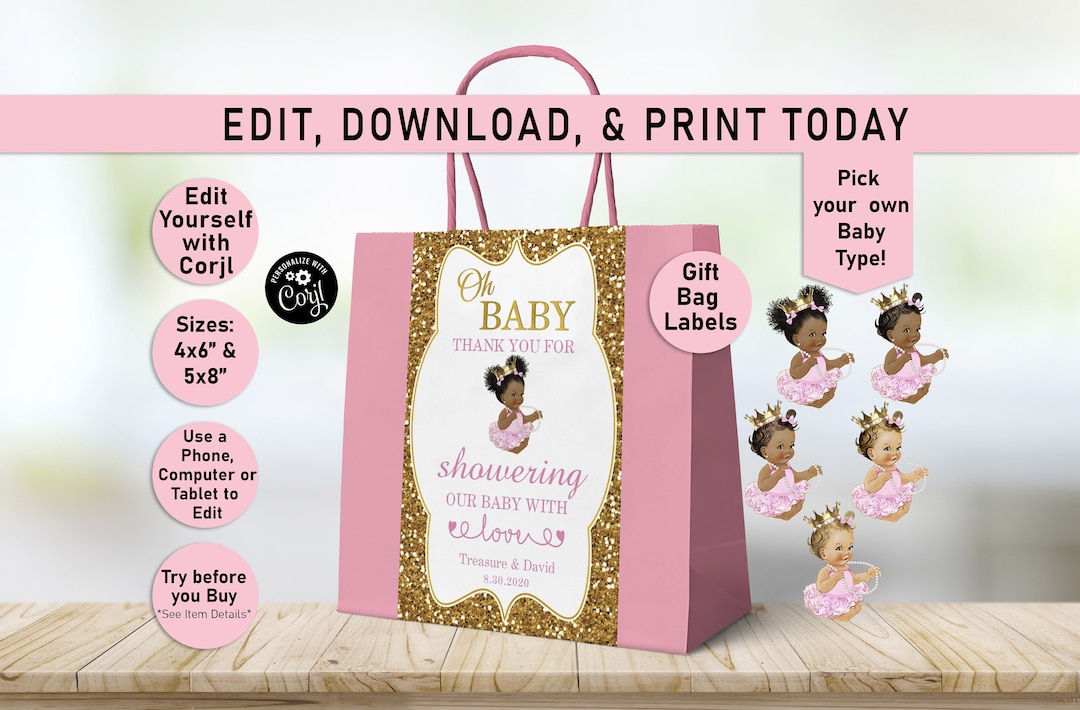 Gift Bag Labels, Oh Baby PINK and GOLD Princess EDITABLE Baby Shower ...