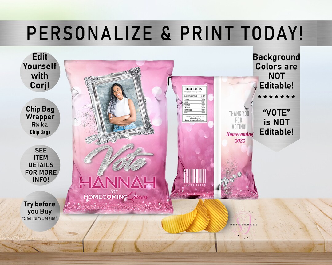 Homecoming Pink Sparkle and Silver, Chip Bag Wrapper, Homecoming Favor ...