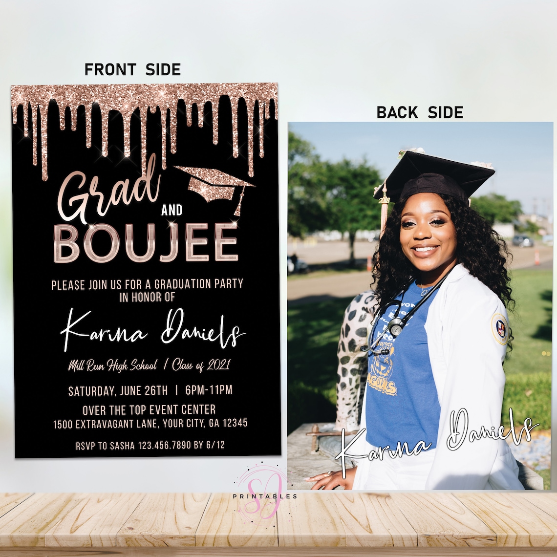 Grad and Boujee Graduation Invitation Rose Gold Glitter Drip - Etsy