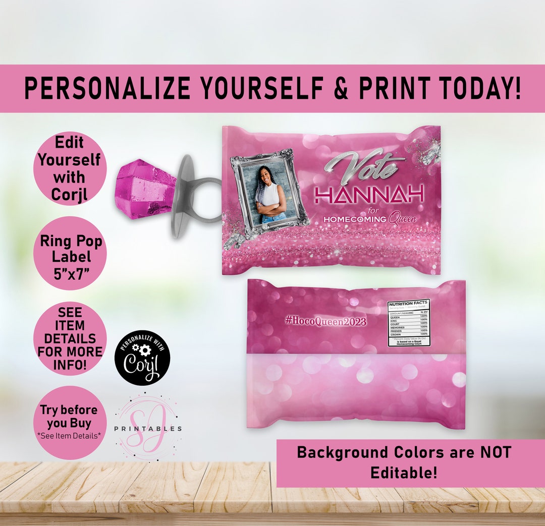 Homecoming Queen RING POP Wrapper Label, Pink and Silver Ringpop ...