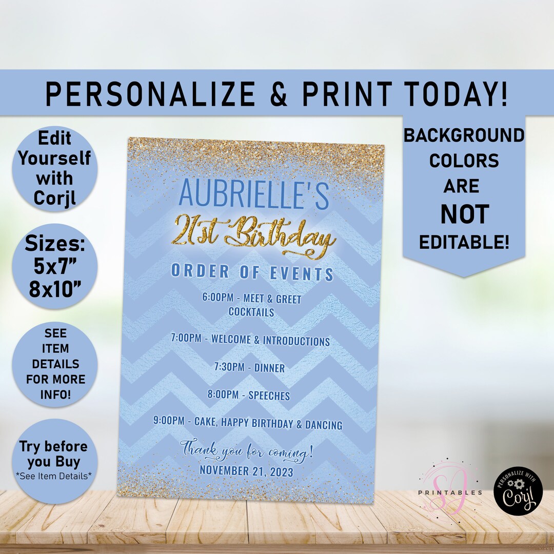 Shimmery Gold Glitter and Light Blue Birthday Order of Events Template ...