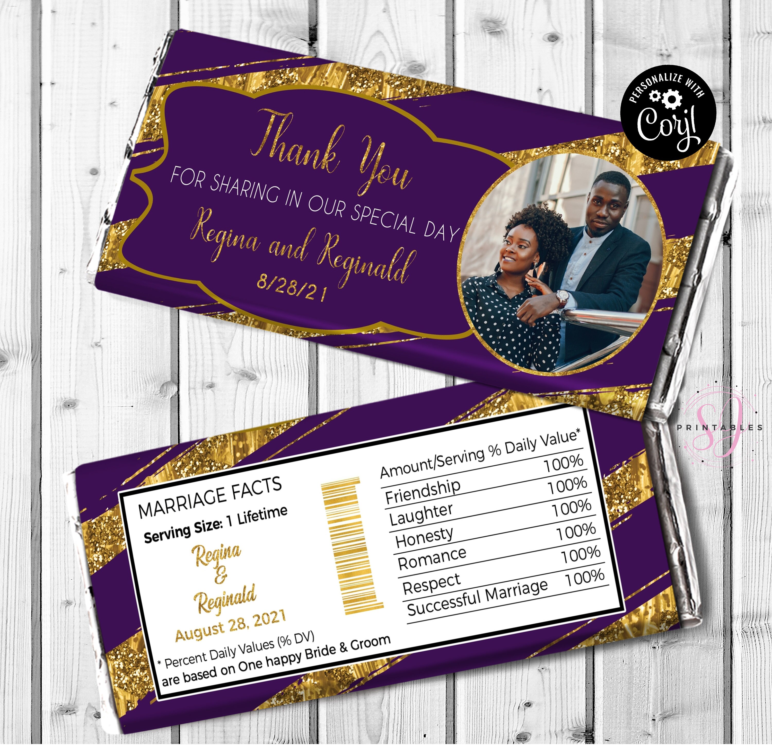 Wedding Chocolate Bar Wrapper Template, Gold Glitter, Change Purple to ...