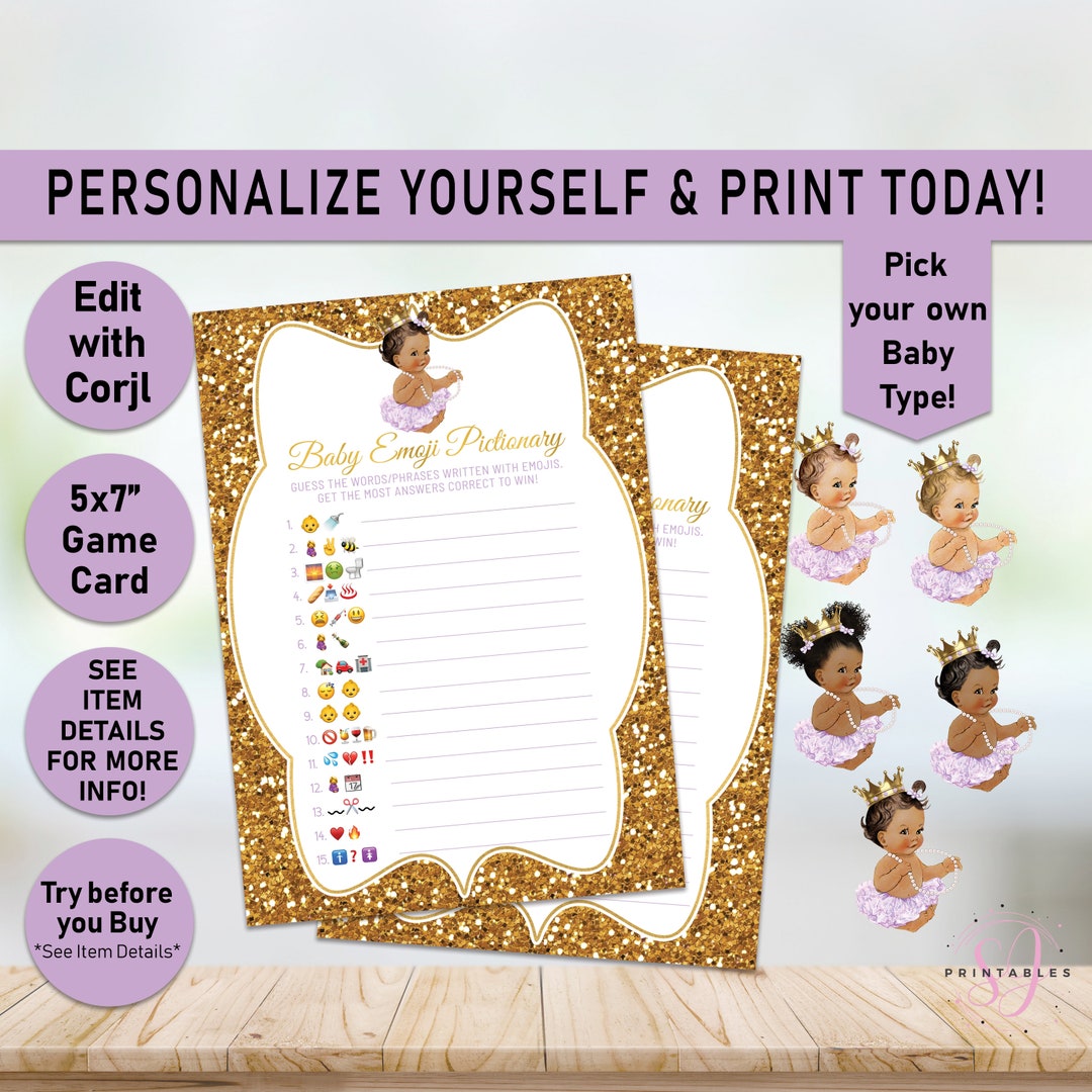 Baby Shower Game Pictionary, Purple and Gold EMOJI Pictionary Shower ...