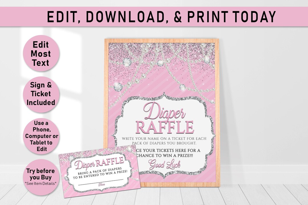 Glitter & Pearls Pink Diaper Raffle Sign, Diaper Raffle Game, Baby ...