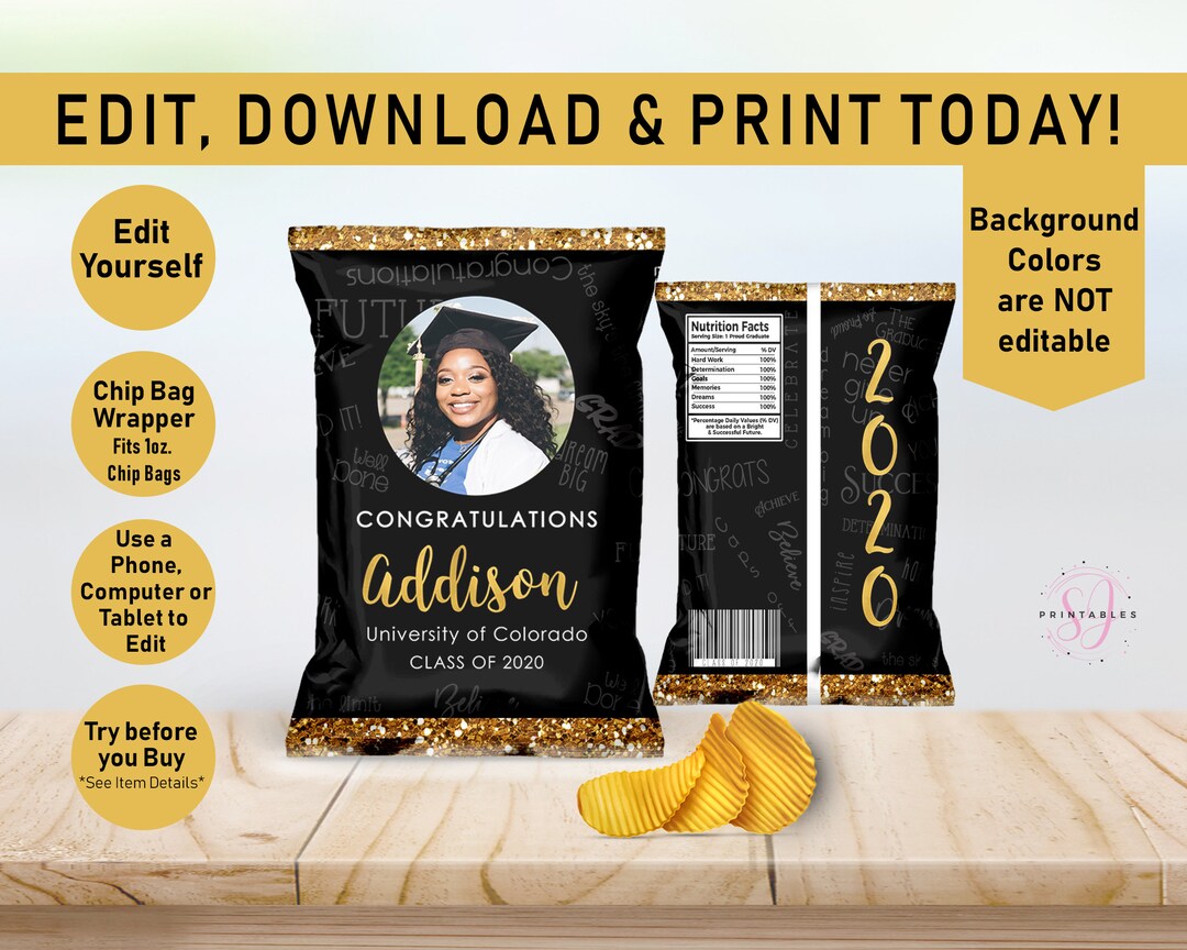 Black Gold Graduation EDITABLE Chip Bag, Grad Chip Bag, Chip Bag, Favor ...