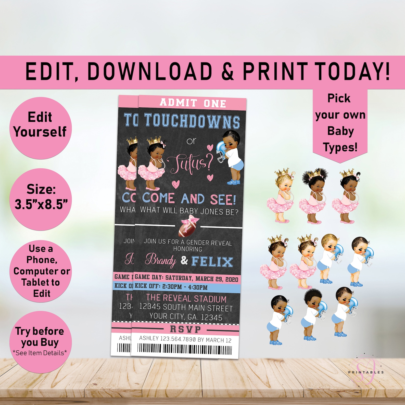 Touchdowns or Tutus Gender Reveal Invitation, Football Reveal ...