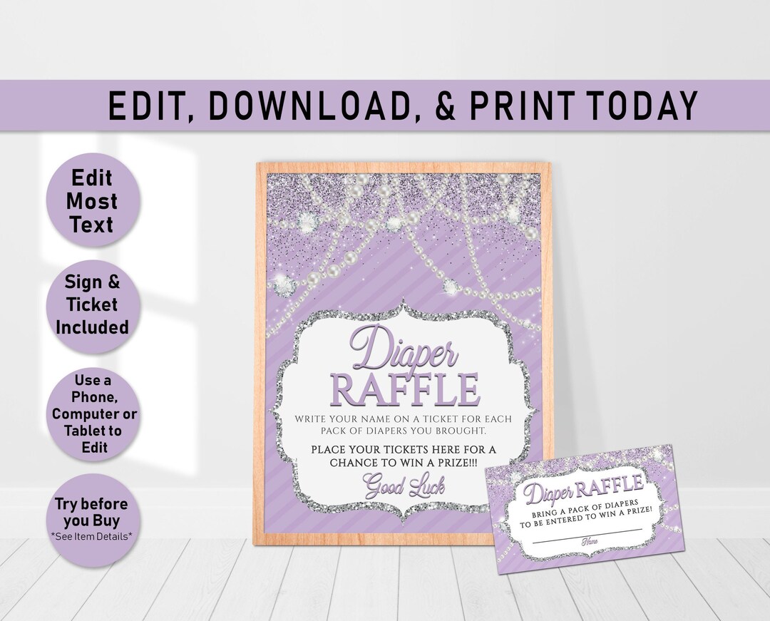 Glitter & Pearls Lavender Diaper Raffle Sign, Diaper Raffle Game, Baby ...