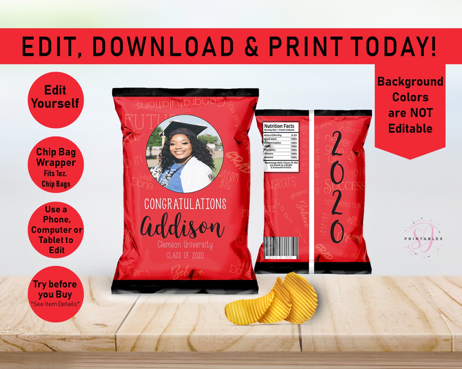 Graduation EDITABLE Chip Bag Grad Chip Bag Chip Bag Favor Etsy