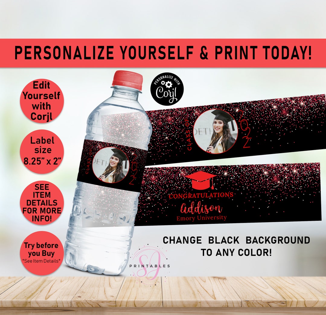 RED Glitter and ANY Color Graduation EDITABLE Water Bottle Labels ...