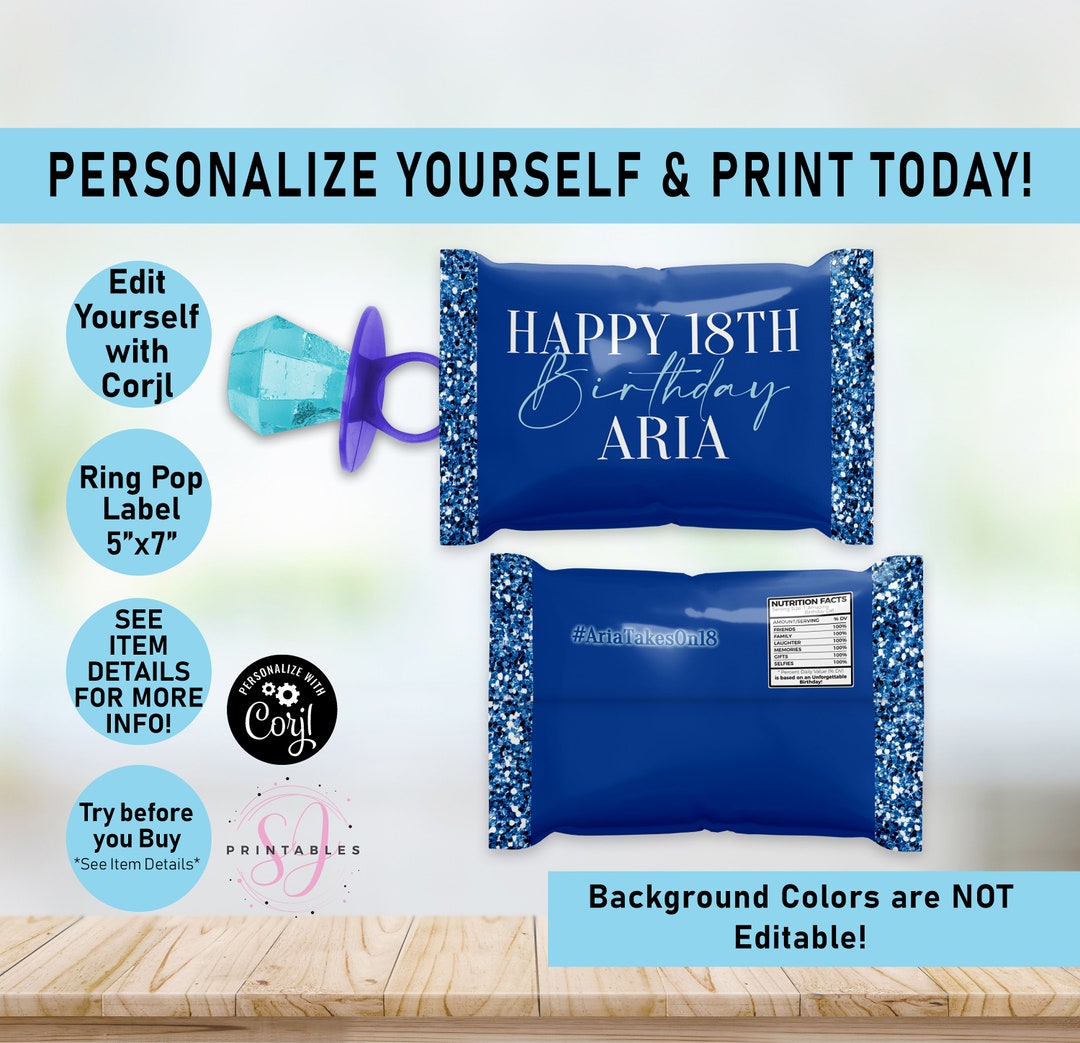Blue RING POP Wrapper Label, Royal Blue on Blue Glitter ANY Age ...