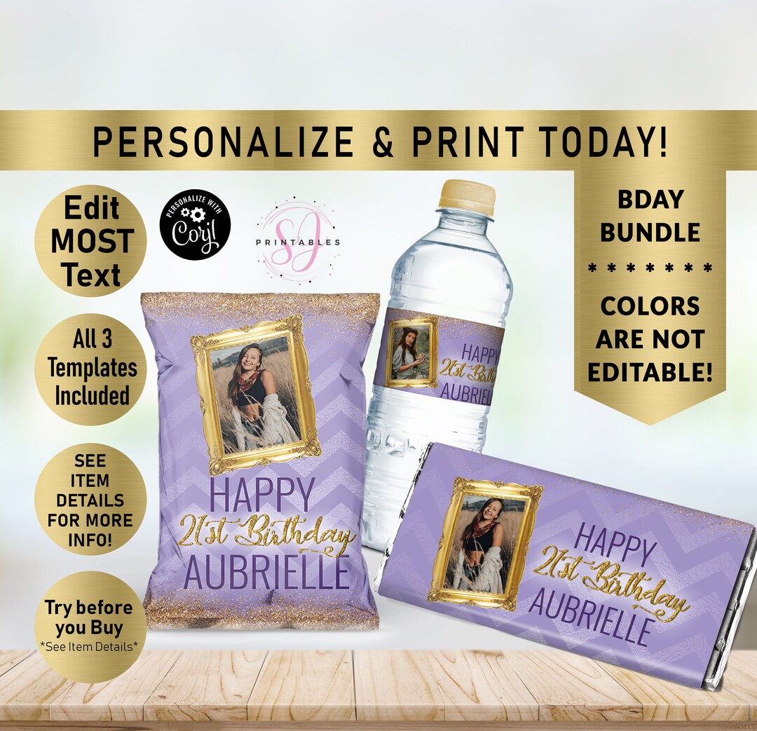 Shimmery Gold and Purple Chevron BIRTHDAY BUNDLE, Hershey Candy Wrapper ...