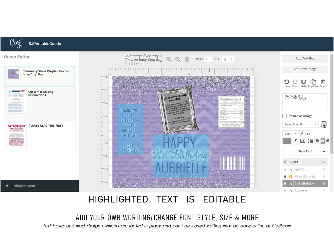 Shimmery Silver Glitter and Purple Birthday Chip Bag Wrapper, ANY AGE ...