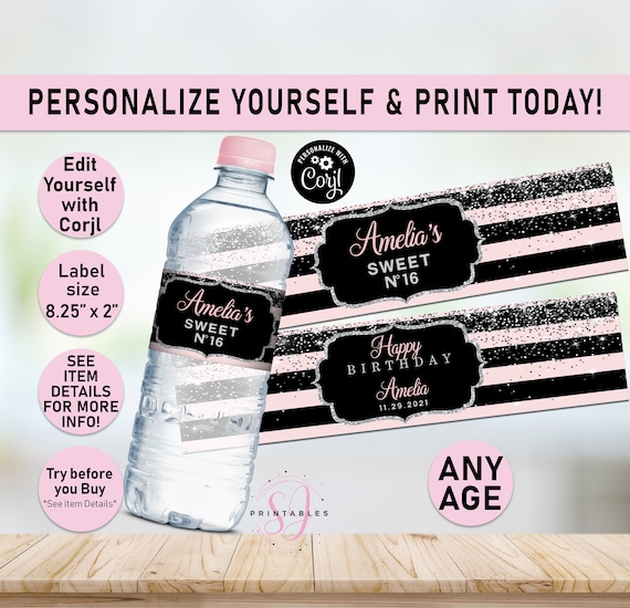 Designer Birthday Party Water Labels ANY AGE Labels Adult - Etsy