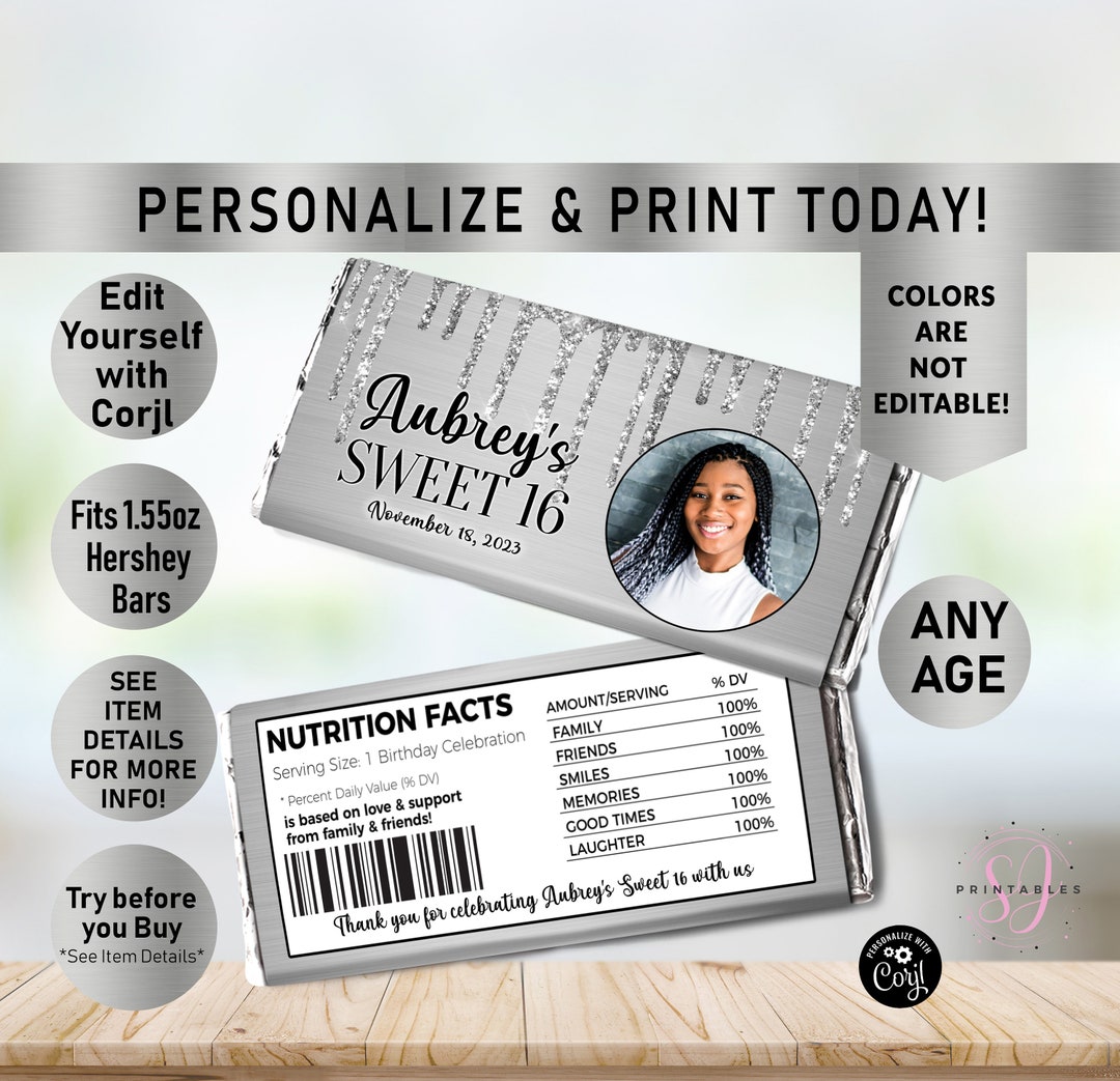 Silver on Silver Drip Birthday Hershey Candy Bar Wrapper, Any AGE Candy ...