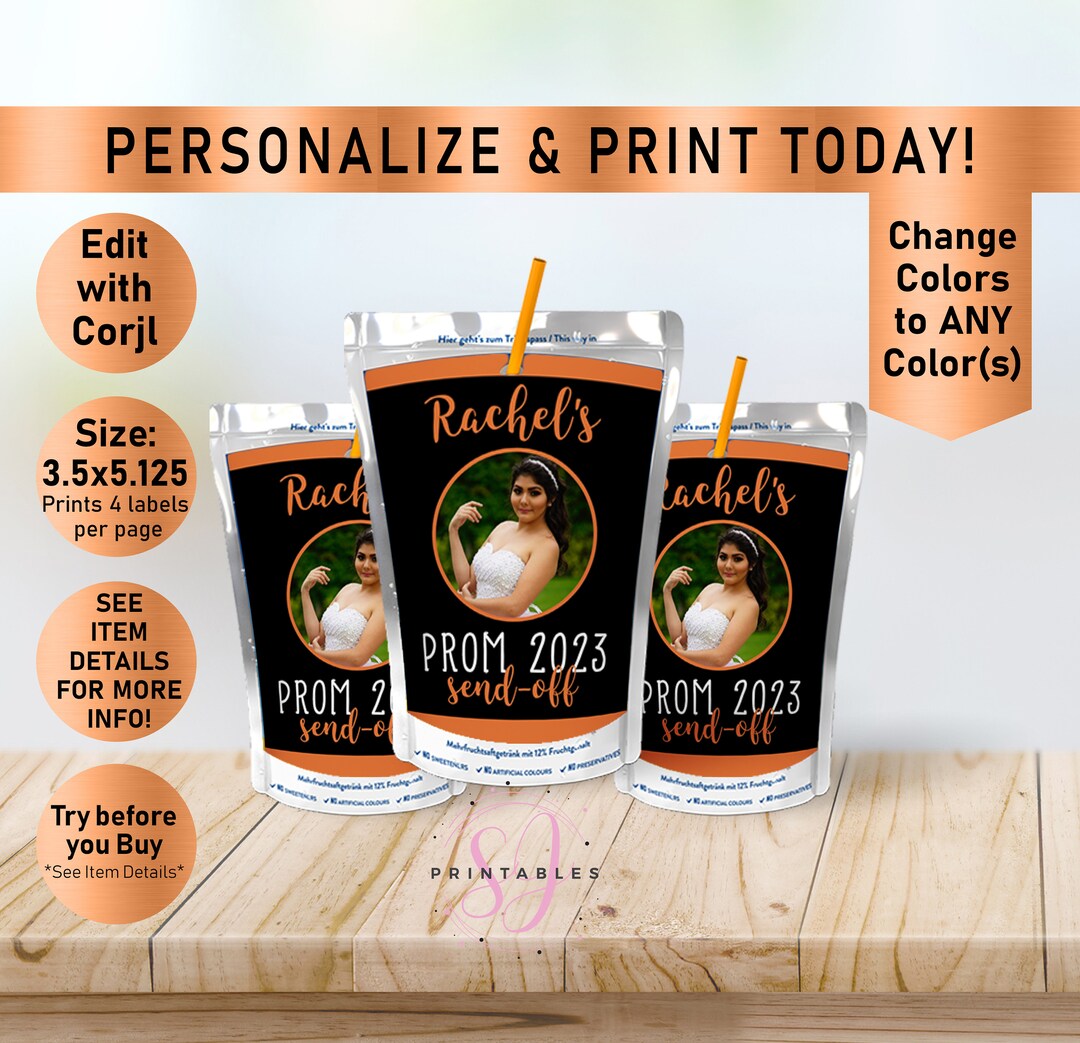 PROM Any Color Juice Pouch Labels, Prom Favor Juice Labels, Prom Send ...