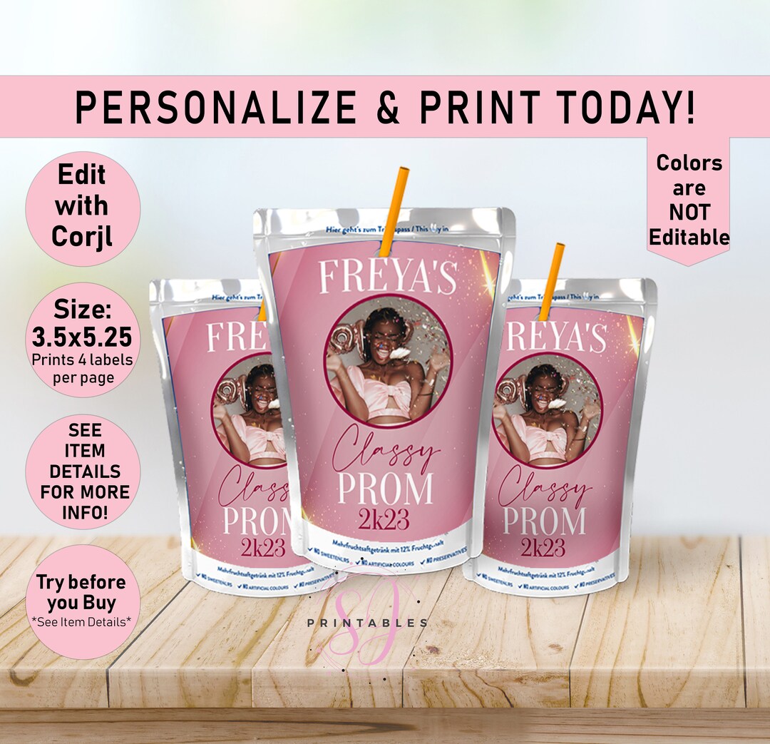 Pink and Gold PROM Juice Pouch Labels, Prom Favor Juice Labels, Prom ...