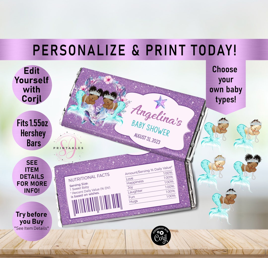 TWINS Mermaid HERSHEY Candy Bar WRAPPER, Baby Shower Candy Bar Wrapper ...