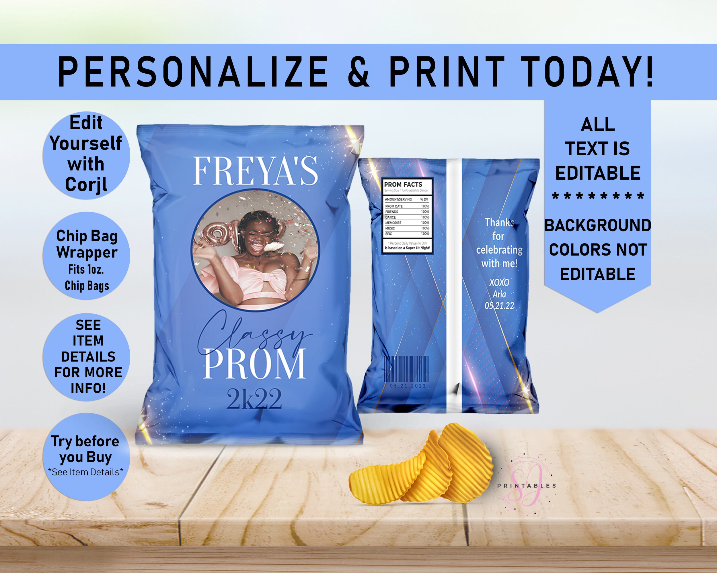 Blue and Gold PROM Chip Bag Wrapper Prom Favor Bag Prom Send - Etsy