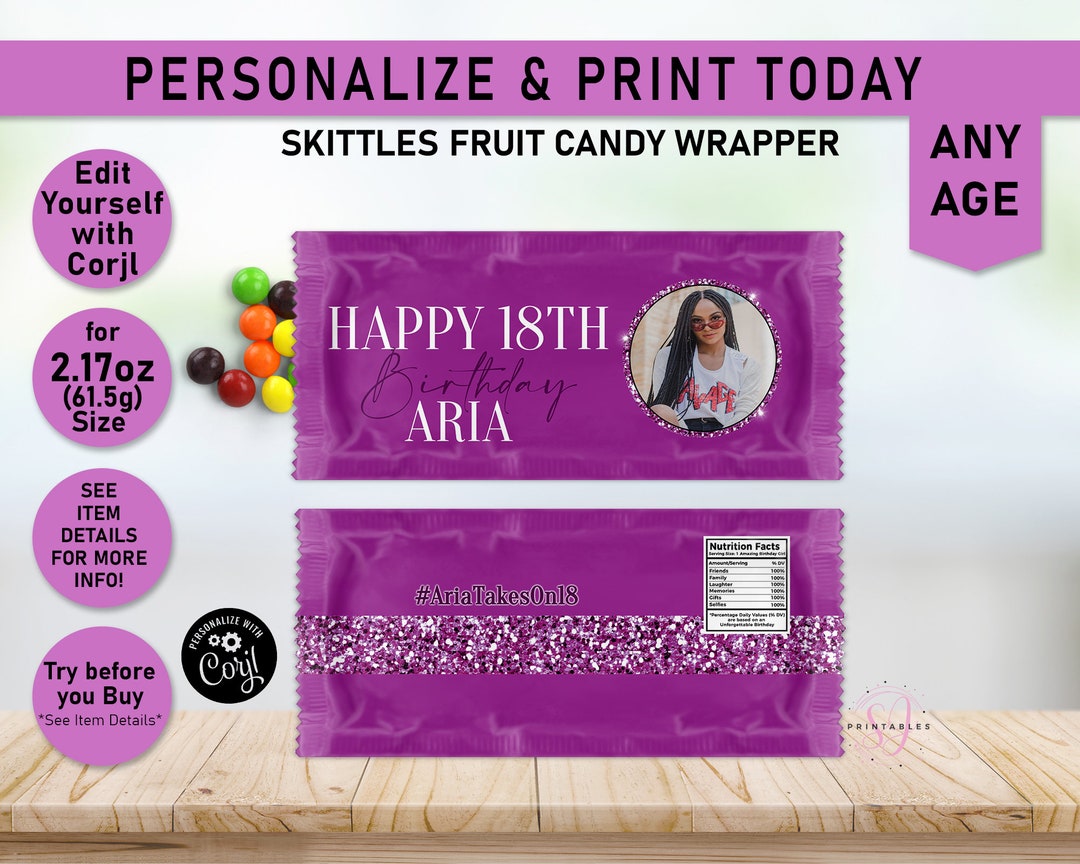 Purple on Purple Glitter Skittles Wrapper, Skittles Birthday Candy ...