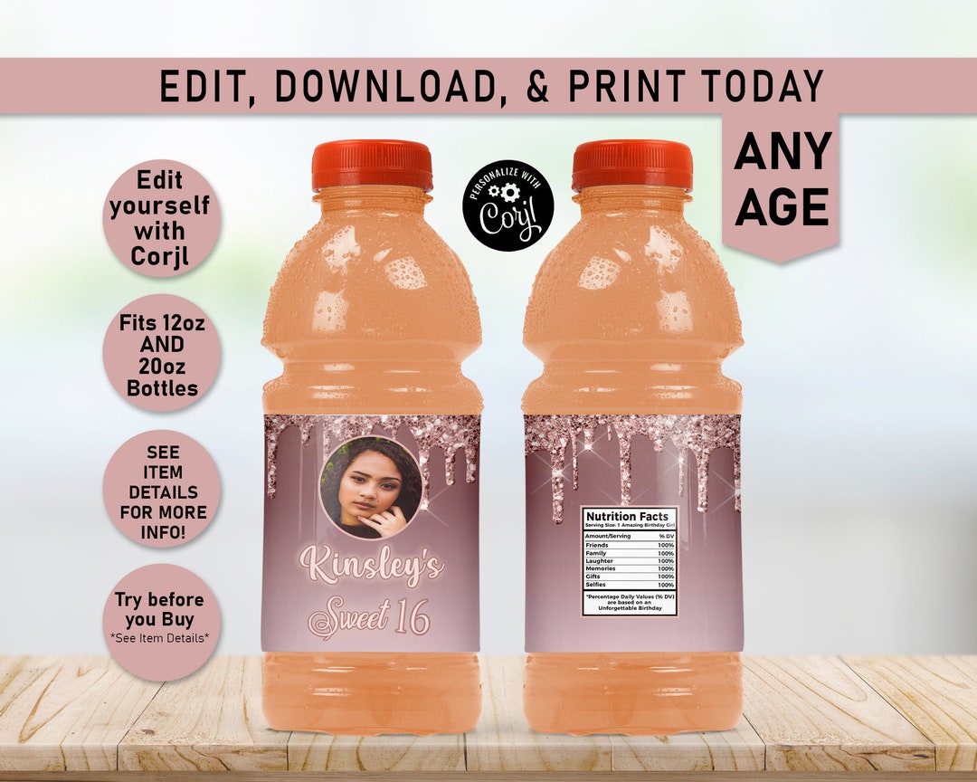 Rose Gold Drip Glitter Birthday Gatorade Labels, 12oz, 20oz, Mini ...
