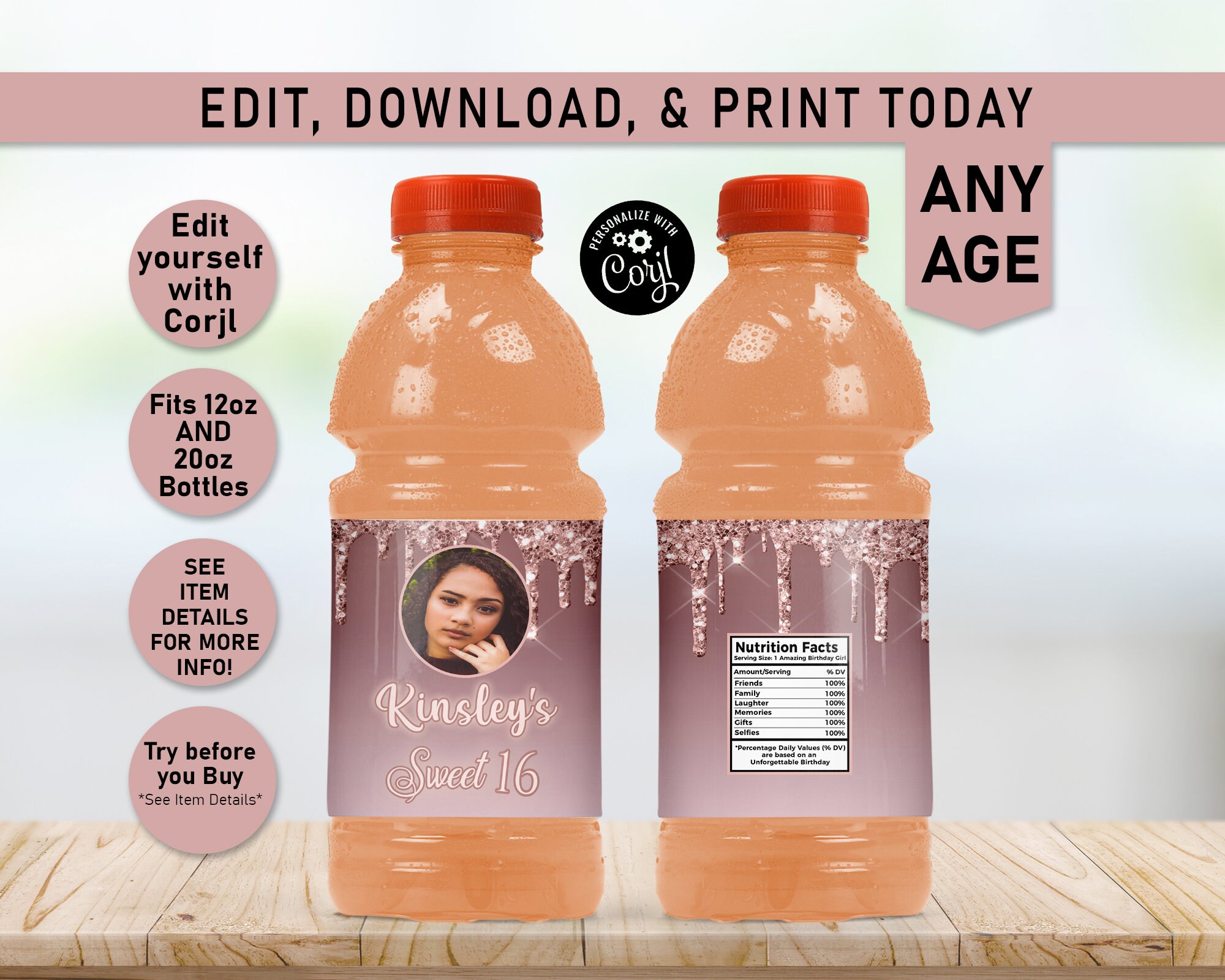 Rose Gold Drip Glitter Birthday Gatorade Labels 12oz 20oz - Etsy
