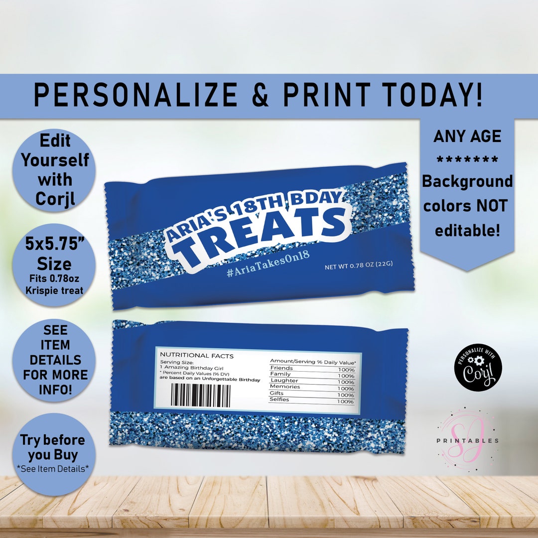 Rice Krispies TREAT Labels, Royal Blue on Blue Glitter ANY AGE Birthday ...