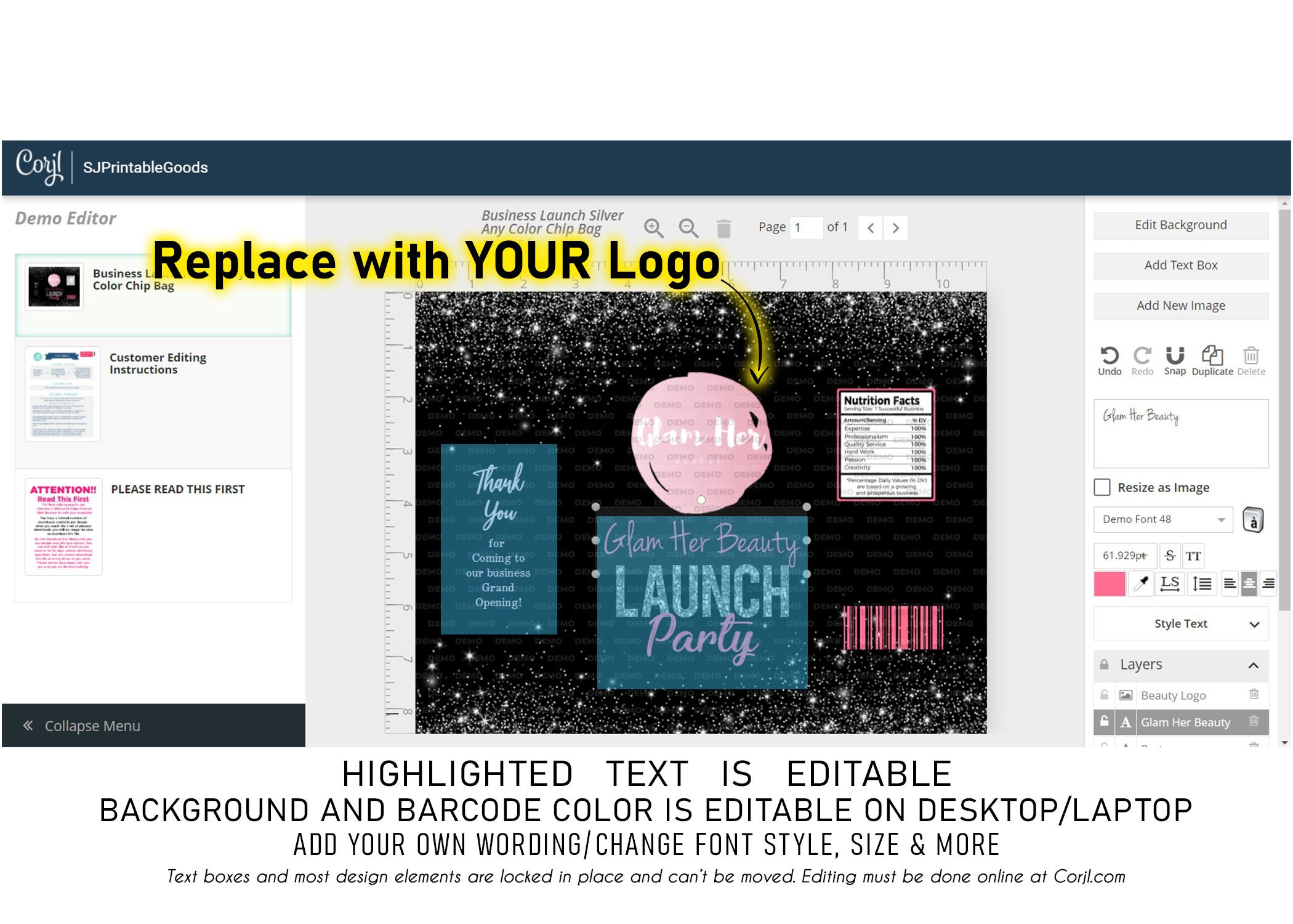 Silver Glitter and ANY COLOR Business EDITABLE Chip Bag - Etsy