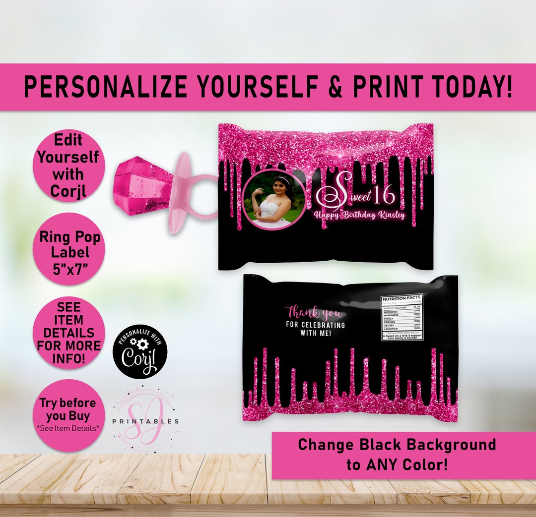 RING POP Wrapper Label, Hot Pink Drip Glitter and ANY Color Birthday ...