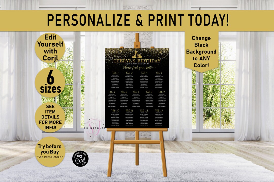 Gold Glitter Seating Chart Template, Birthday Wedding Party Rehearsal ...