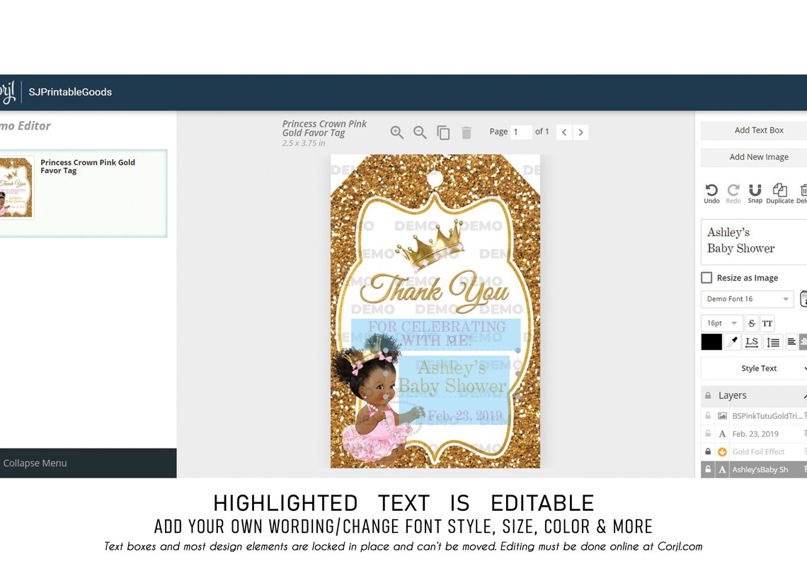 Gold Pink Princess Gift Tags Party Favor Tag Oh Baby Girl - Etsy