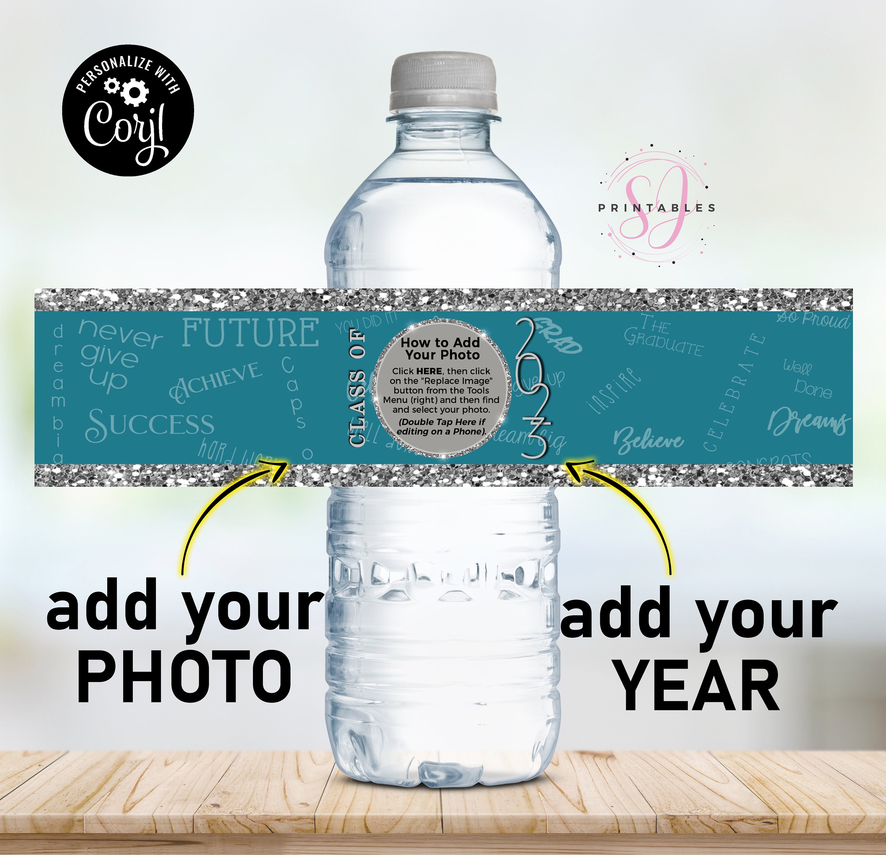 SILVER GLITTER and ANY Color Graduation Water Bottle Labels, Class of ...