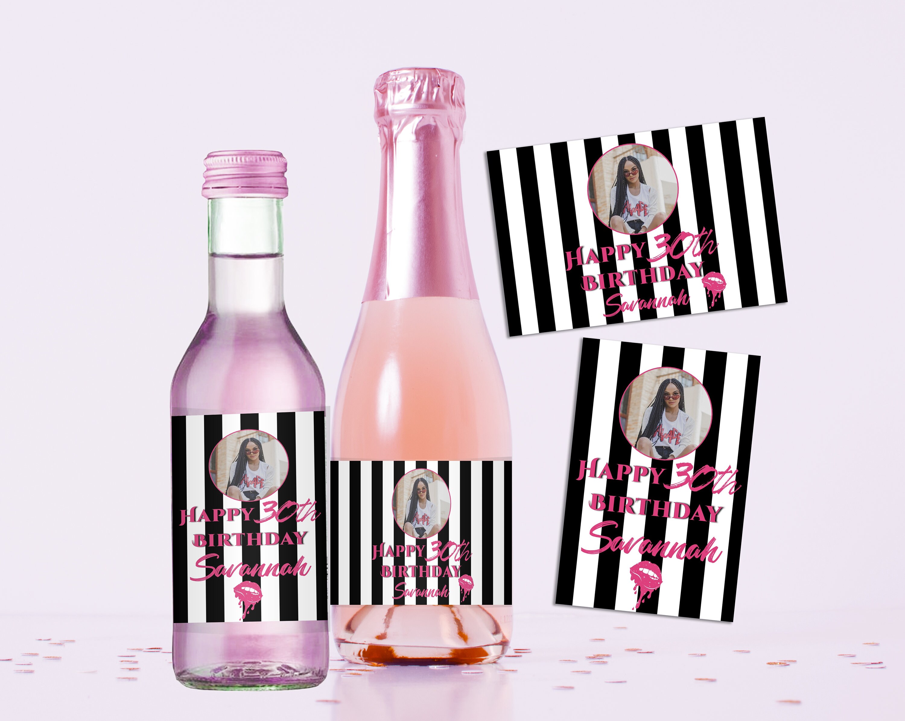 Champagne Birthday S30 drip lips ANY AGE Black white striped Birthday ...