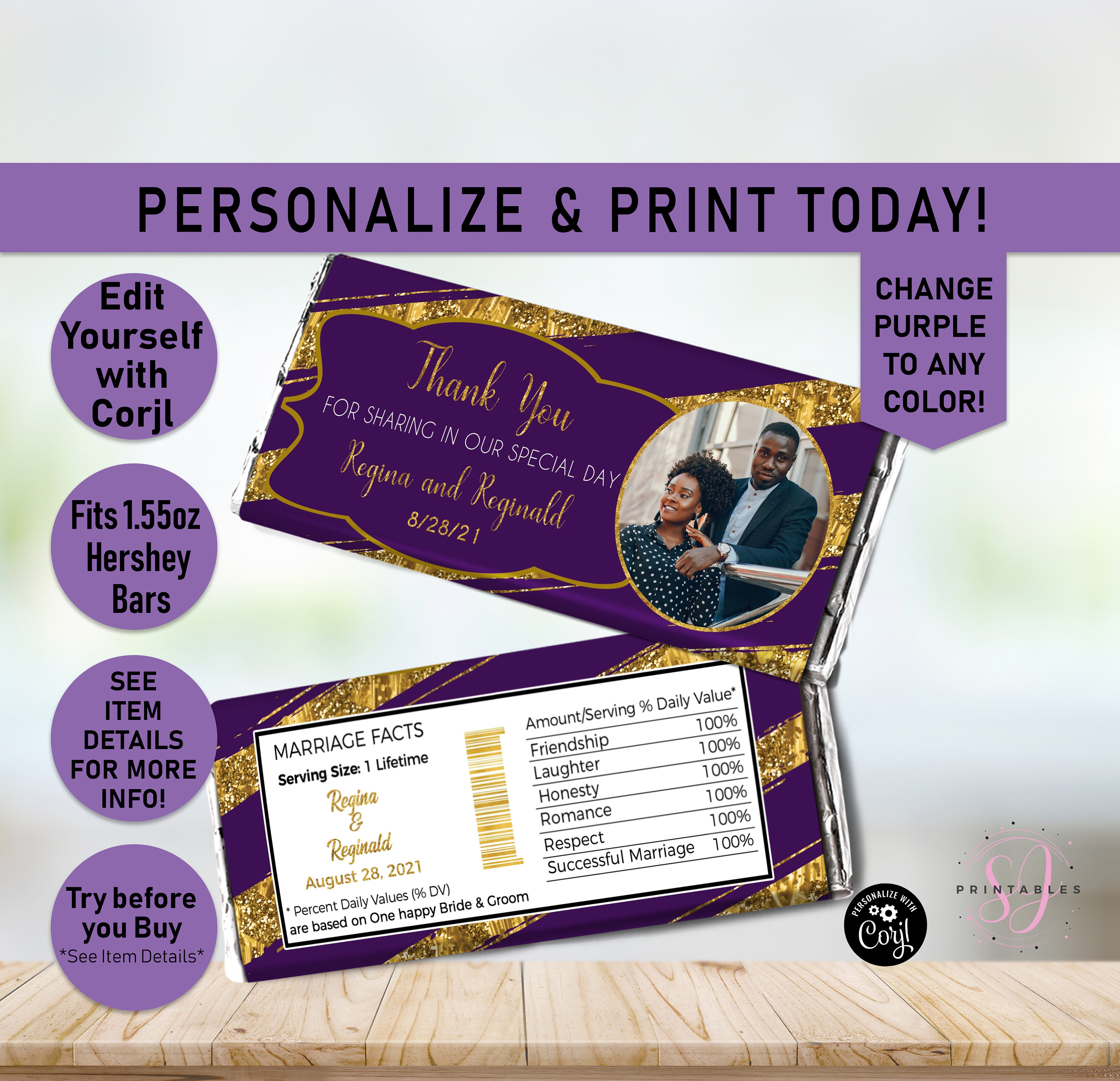 Wedding Chocolate Bar Wrapper Template Gold Glitter and ANY | Etsy