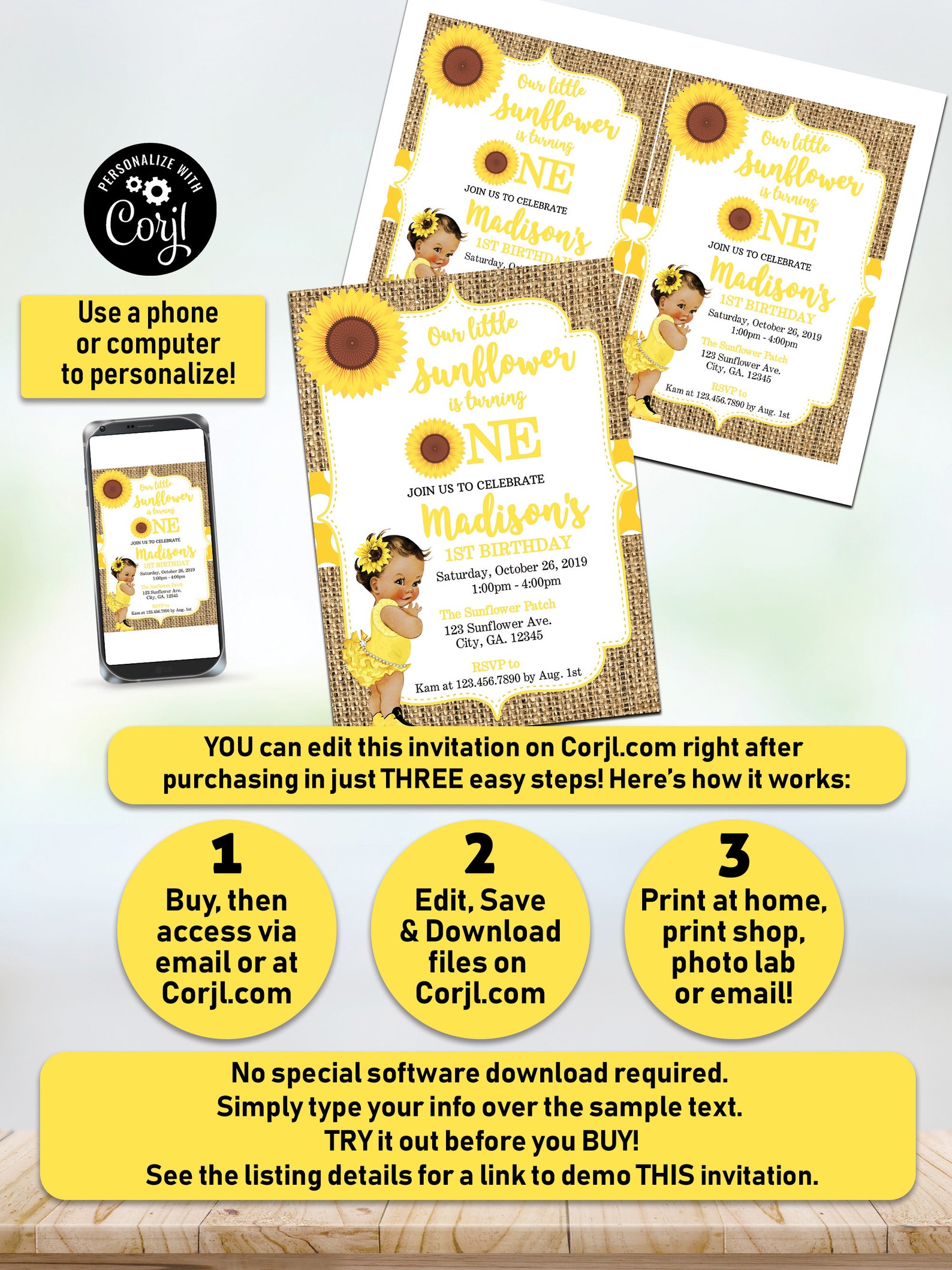 Sunflower Birthday Invitation Sunflower 1st Birthday | Etsy