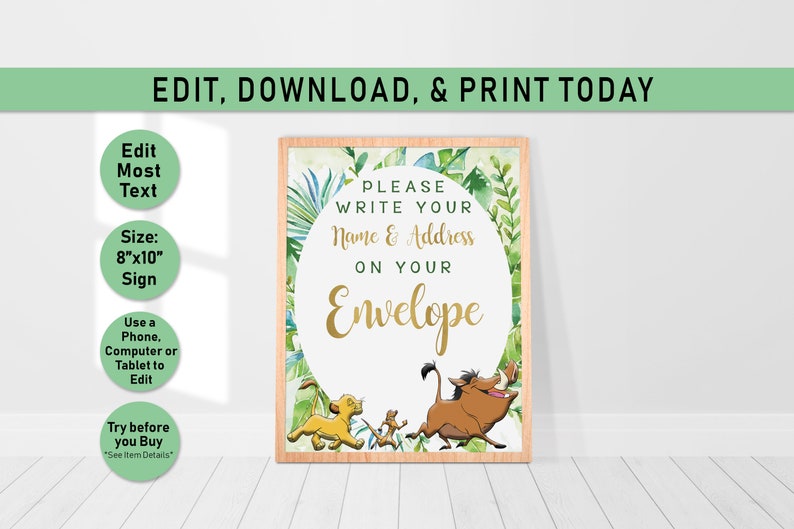 Lion King Baby Shower Envelope Sign Simba Sign the Envelope | Etsy