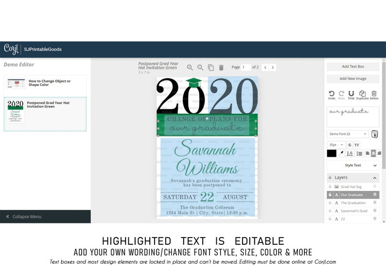 Postponed Green Graduation Announcement Card Template Change | Etsy