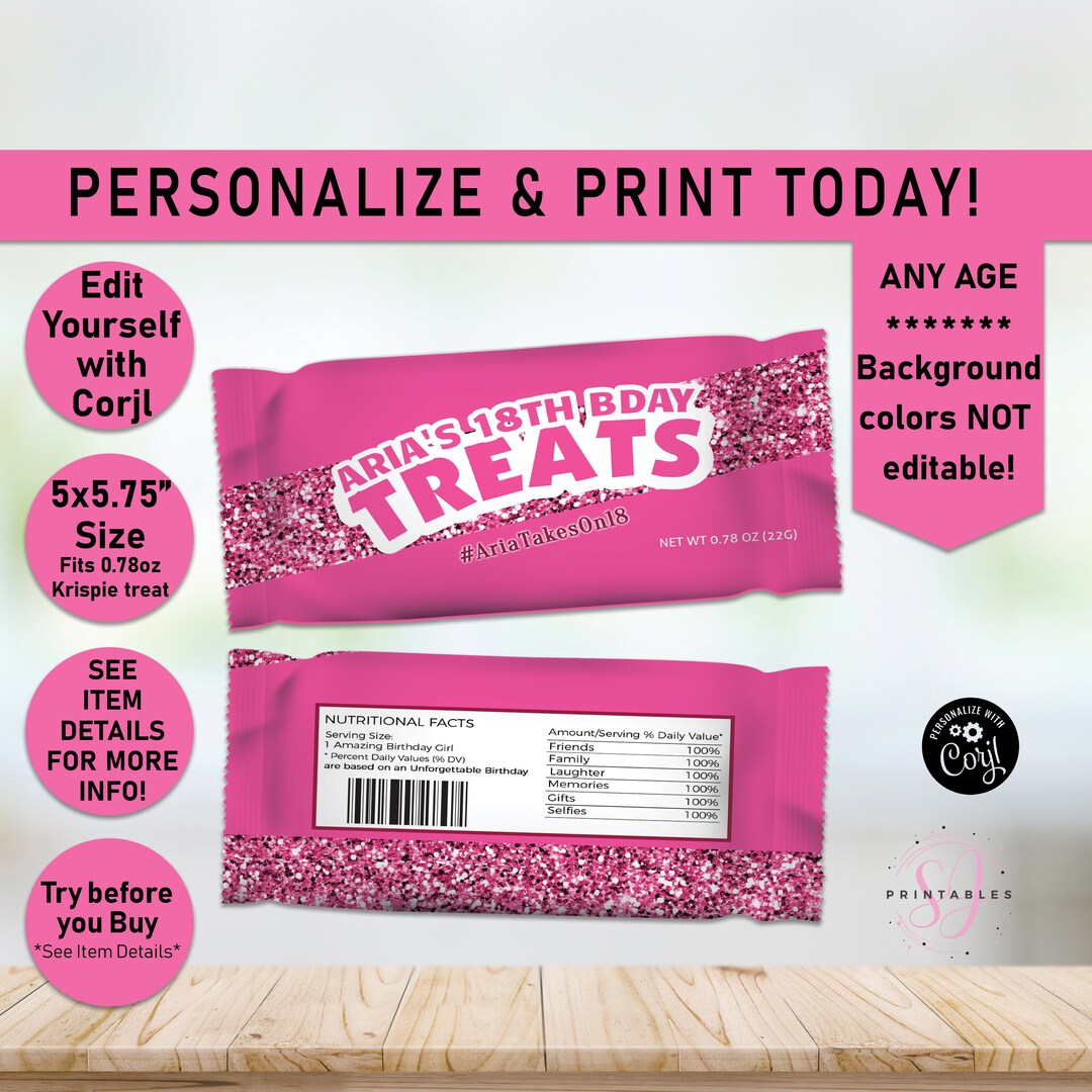Rice Krispies TREAT Labels, Pink on Pink Glitter ANY AGE Birthday Rice ...