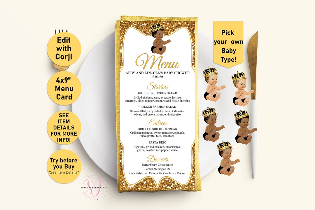 Prince Baby Shower Menu, Little Prince, Menu, Black and Gold Glitter ...