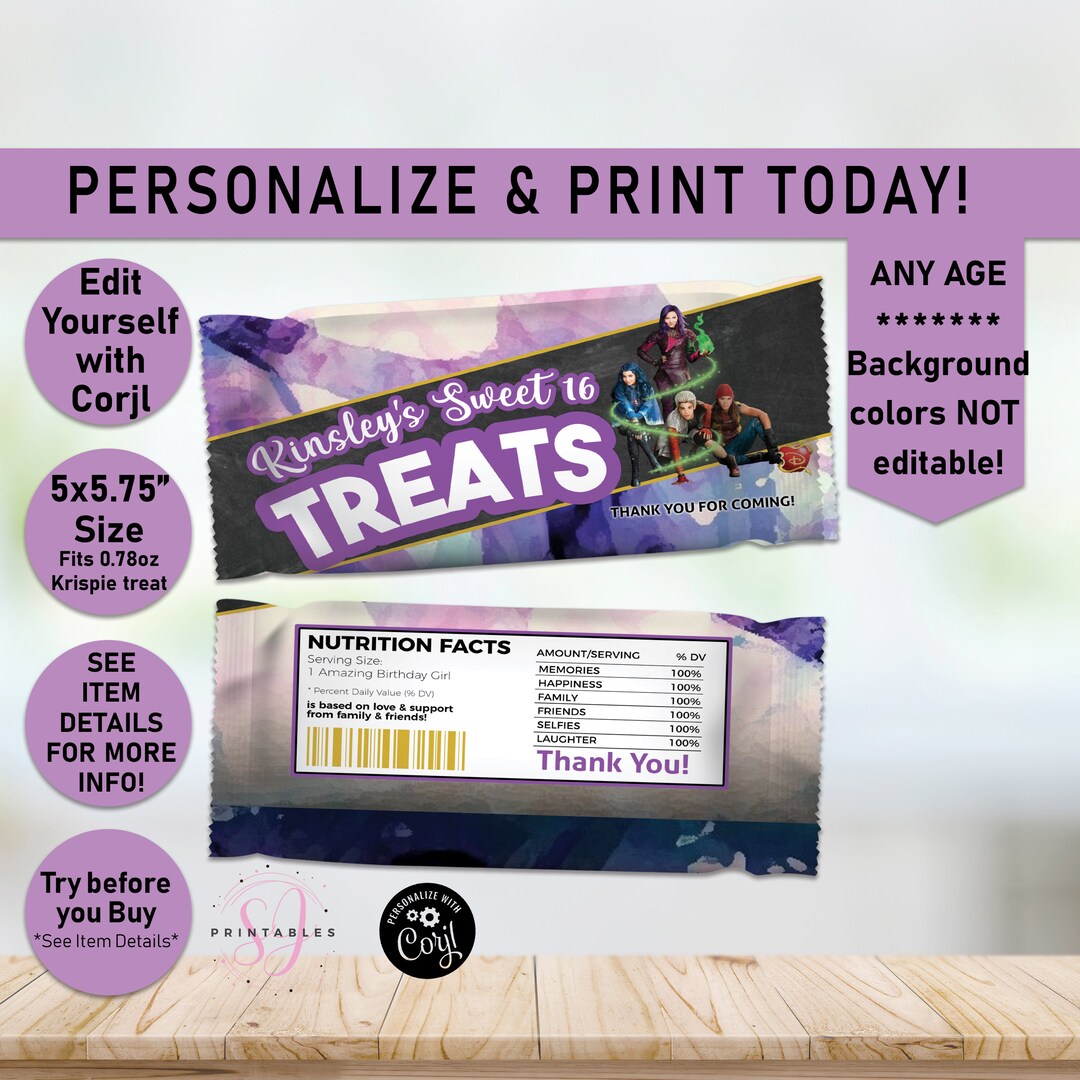Descendants Birthday EDITABLE Rice Krispie Treats, Rice Krispies Labels ...