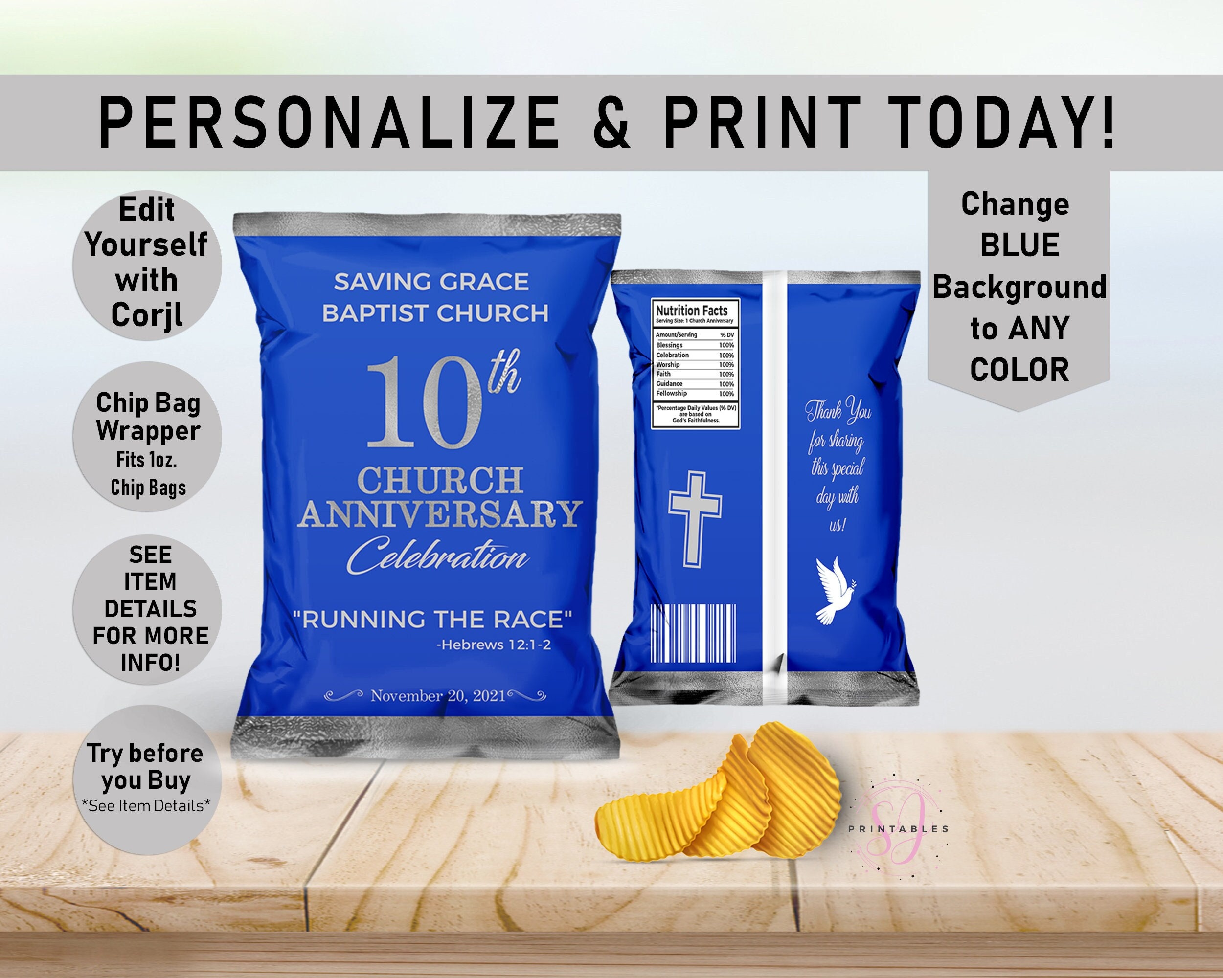 Church Anniversary Silver Glitter and ANY COLOR EDITABLE Chip Bag ...