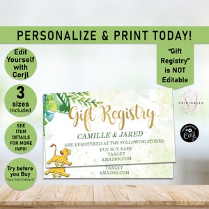 Registry Card Template, Lion King Editable Baby Shower Gift Registry ...