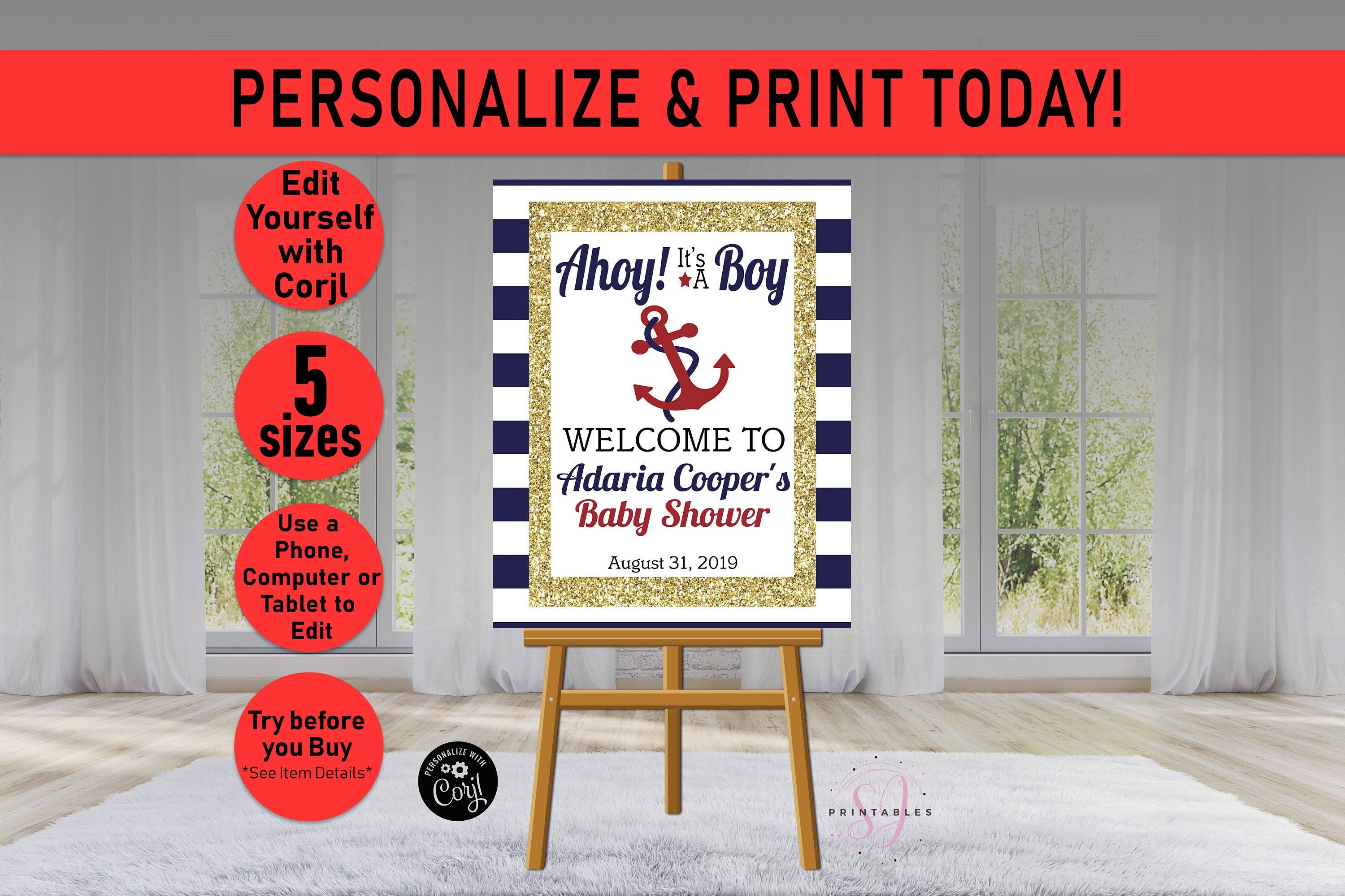 Nautical Baby Shower Welcome Sign, Ahoy Its a Boy Welcome Sign ...