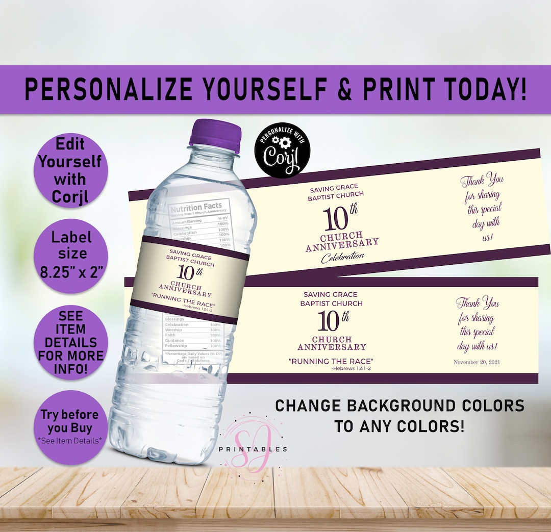 Church Anniversary ANY COLORS EDITABLE Water Bottle Labels, Church ...