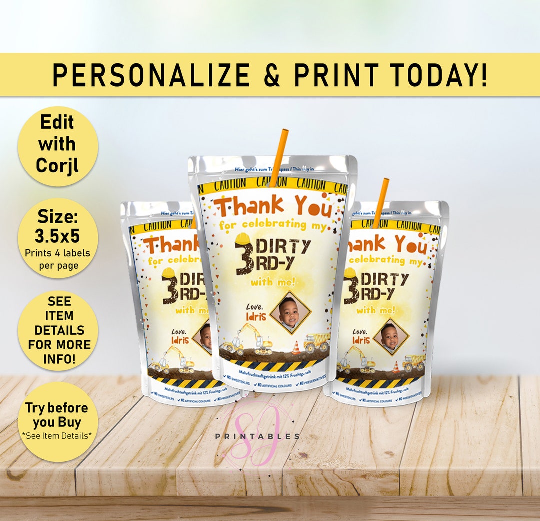 Dirty 3rd-y Construction Birthday Juice Pouch Labels, Juice Labels ...