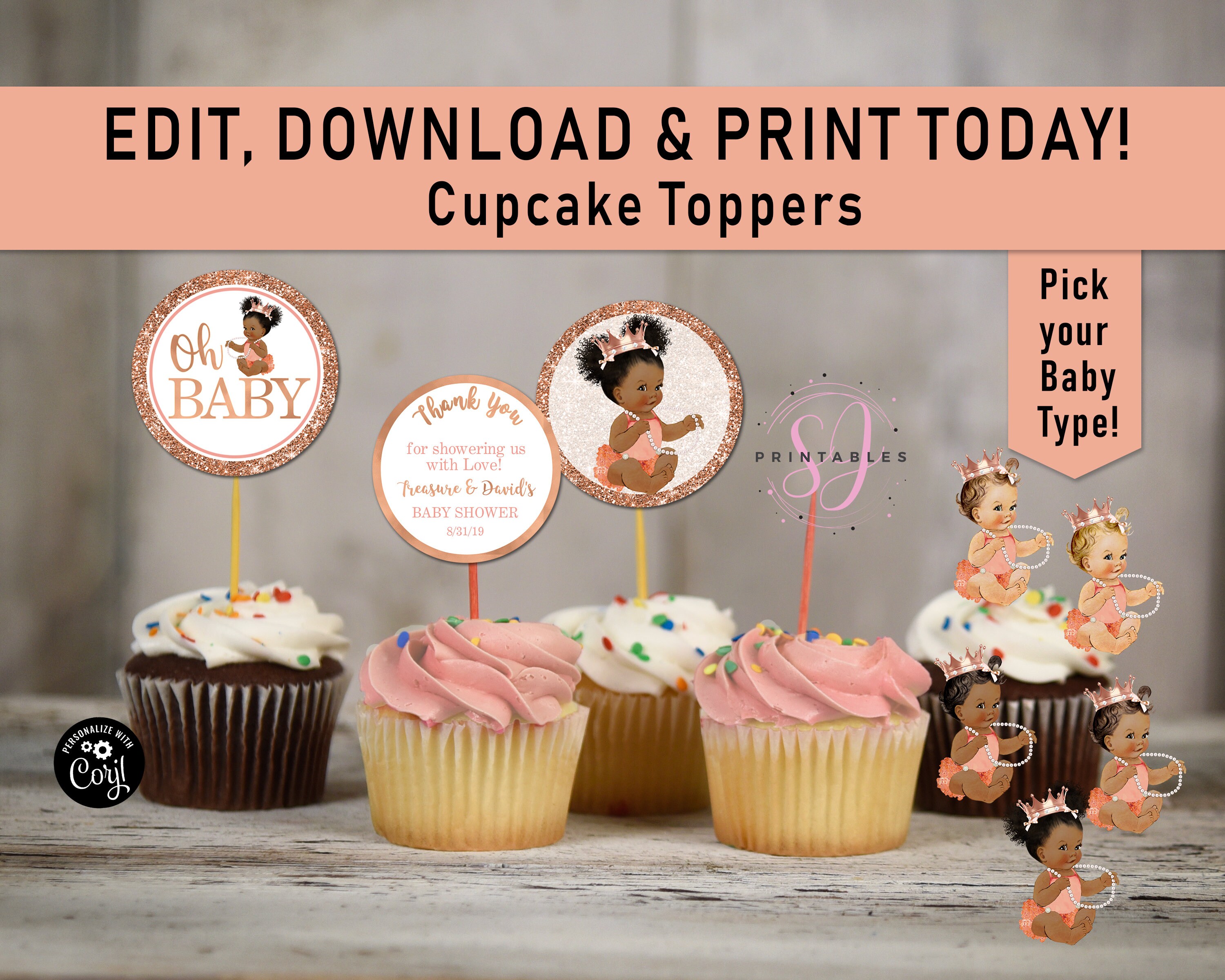 EDITABLE Rose Gold Cupcake Toppers Princess Cupcake Toppers | Etsy