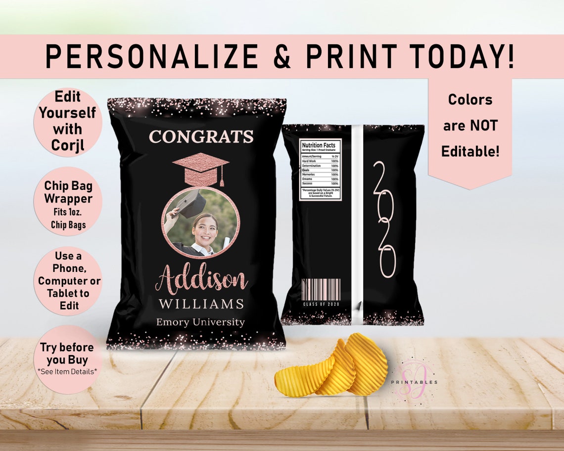 ROSE GOLD and Black Graduation EDITABLE Chip Bag Chip Bag - Etsy