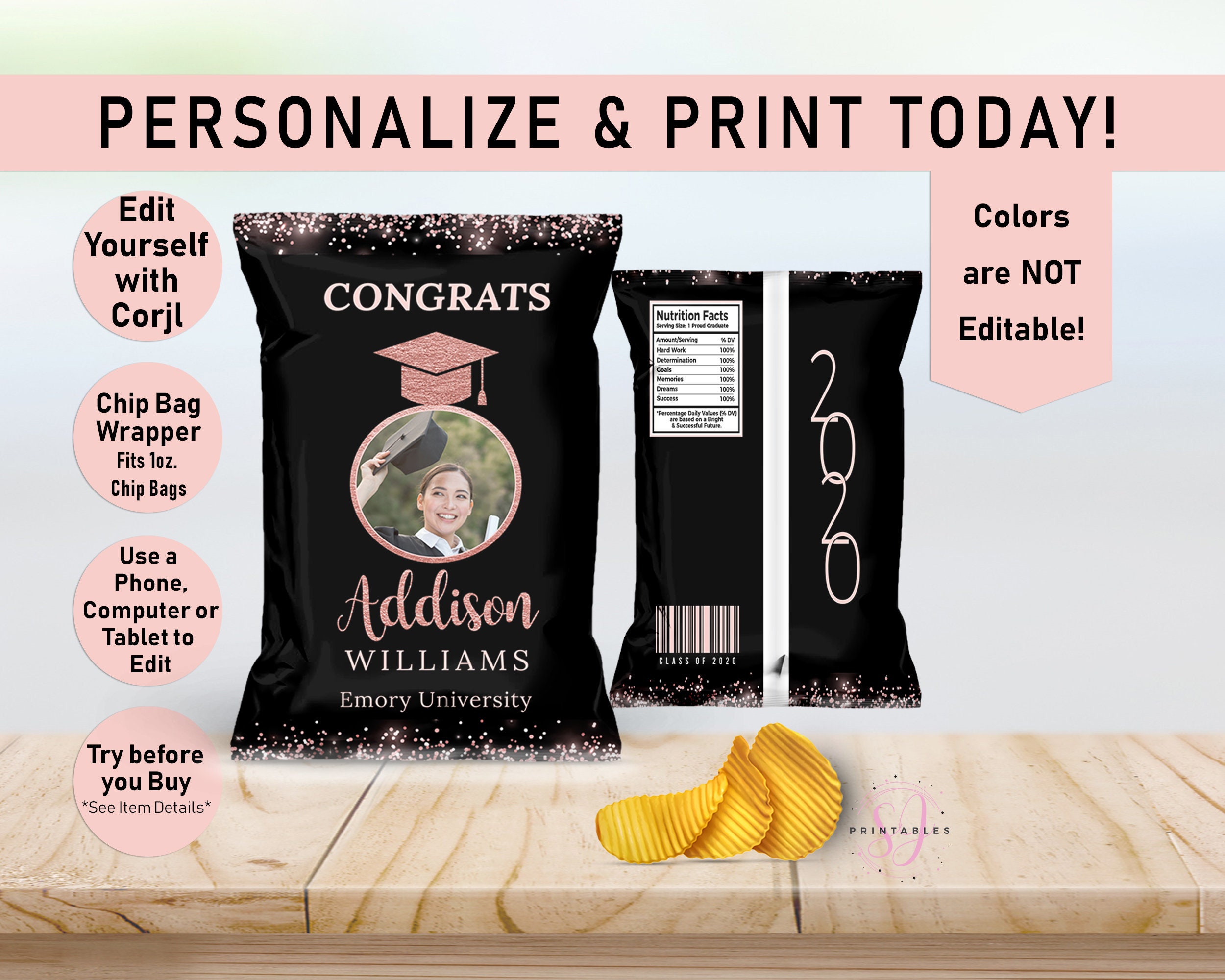 ROSE GOLD and Black Graduation EDITABLE Chip Bag Chip Bag - Etsy