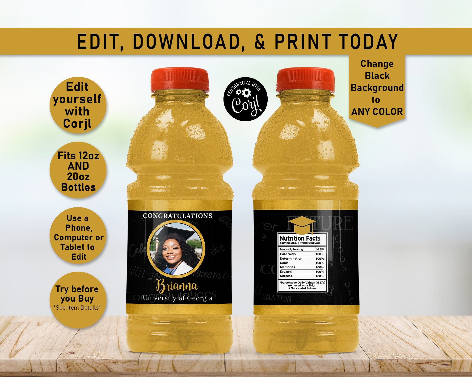 Gold and ANY COLOR Graduation Gatorade Labels 12oz 20oz | Etsy