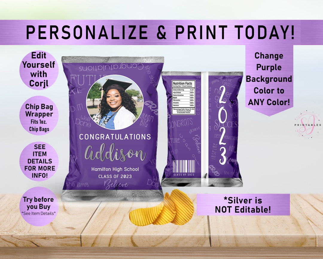 Silver and ANY COLOR Graduation EDITABLE Chip Bag, Grad Chip Bag, Chip ...