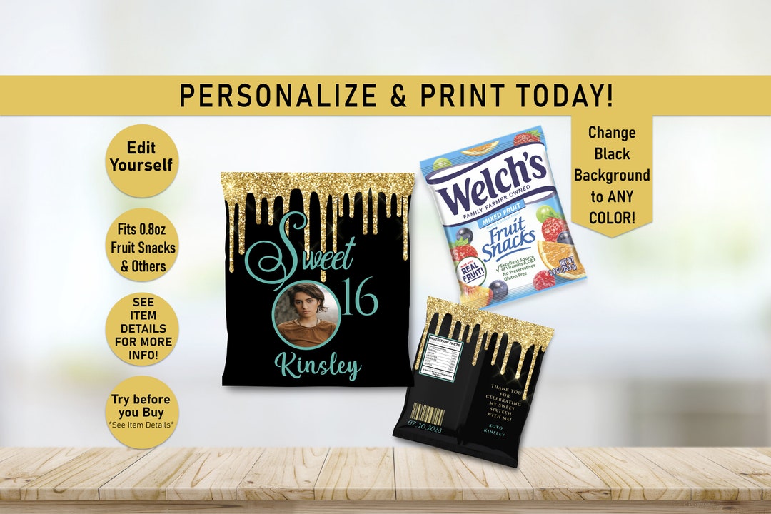 Gold Drip Glitter and ANY Color Birthday Fruit Snacks Wrapper, Teen ...